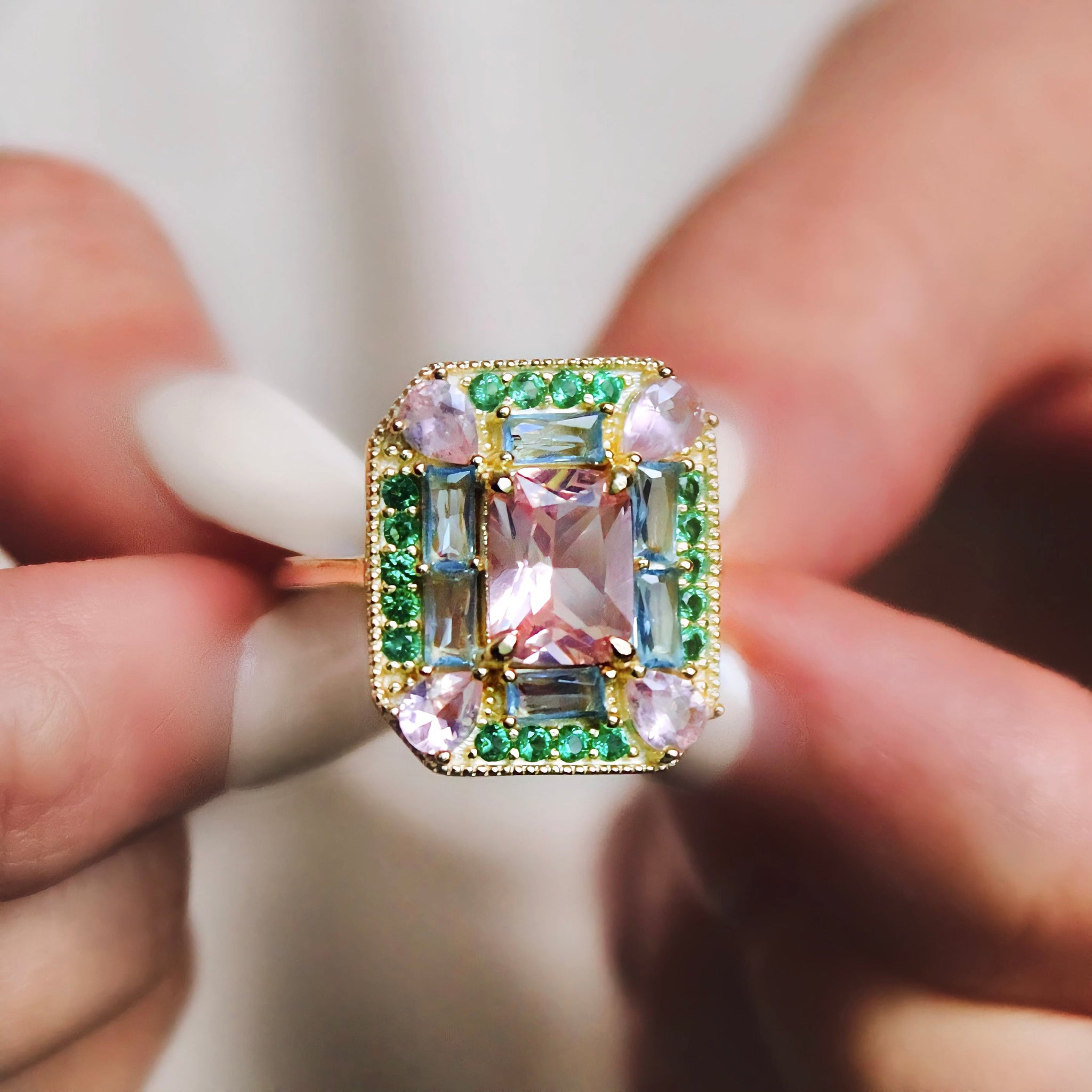 Lab-Grown Emerald Morganite Art Deco Cocktail Ring – Vivian Grace