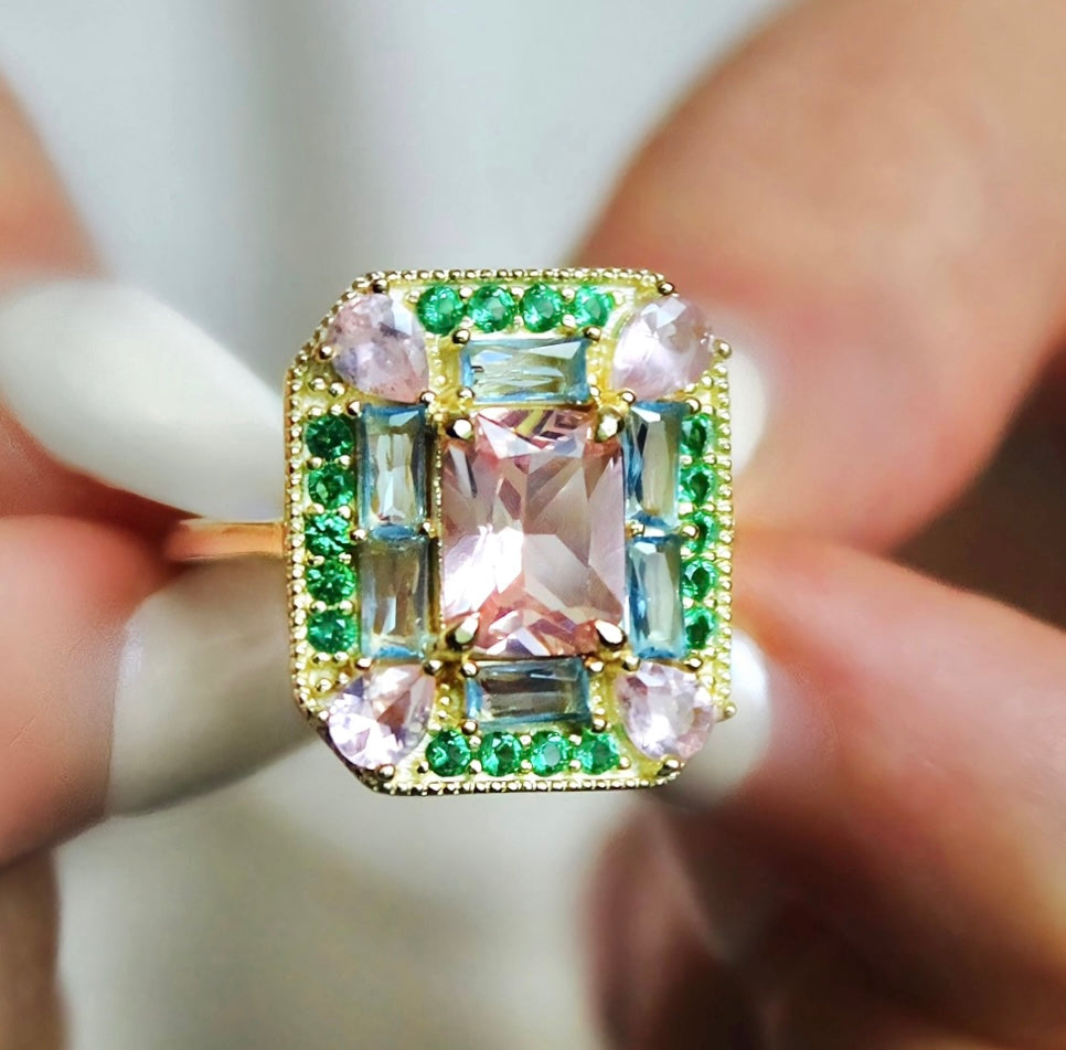 Lab-Grown Emerald Morganite Art Deco Cocktail Ring – Vivian Grace